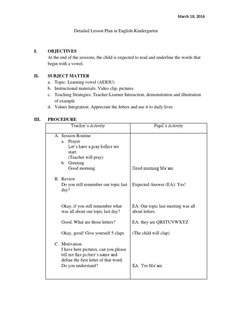 Detailed Lesson Plan in English-Kinderga | PDF | Lesson Plan | Teachers