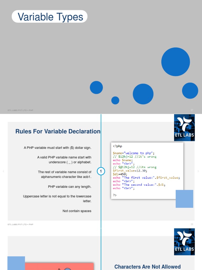 Variable Types: Etl Labs PVT LTD - PHP | PDF | Variable (Computer Science) | Parameter (Computer ...
