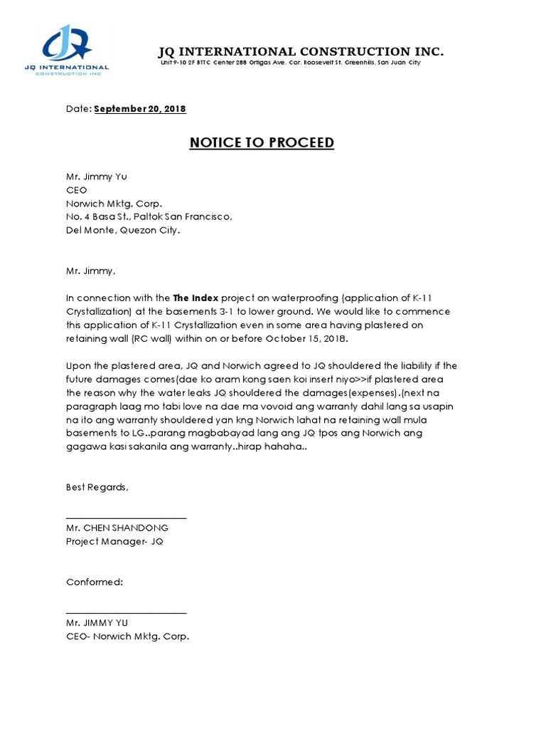 Notice To Proceed: JQ International Construction Inc | PDF | Technology ...