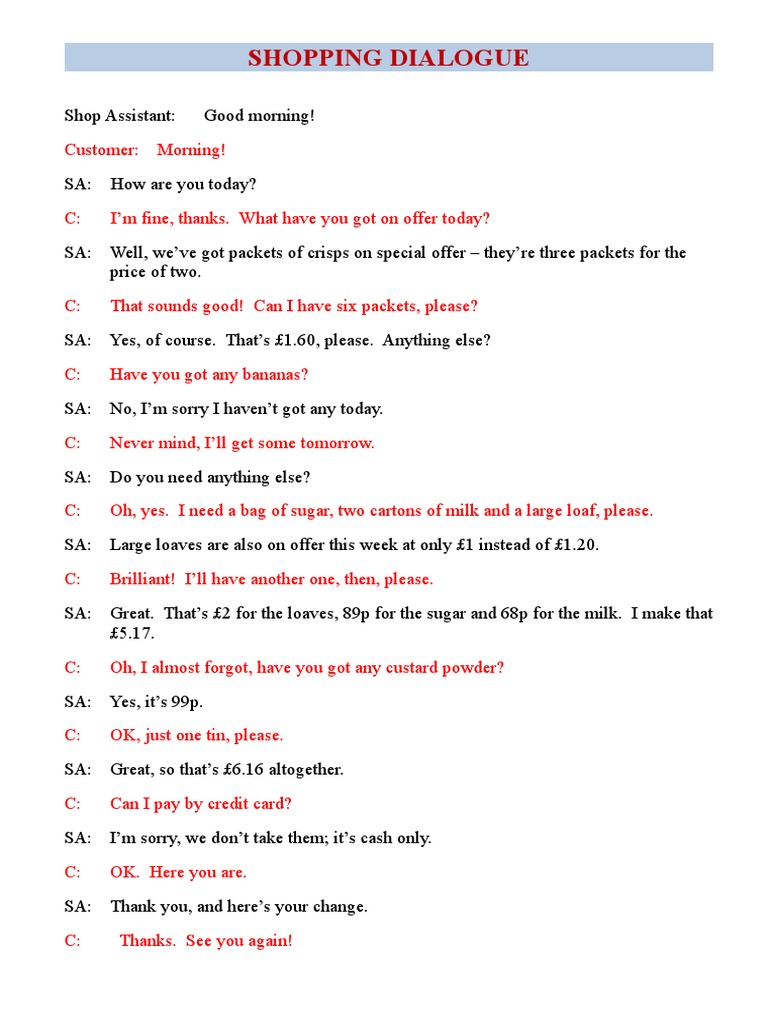 ESOL Shopping Dialogue | PDF | Foods | Business