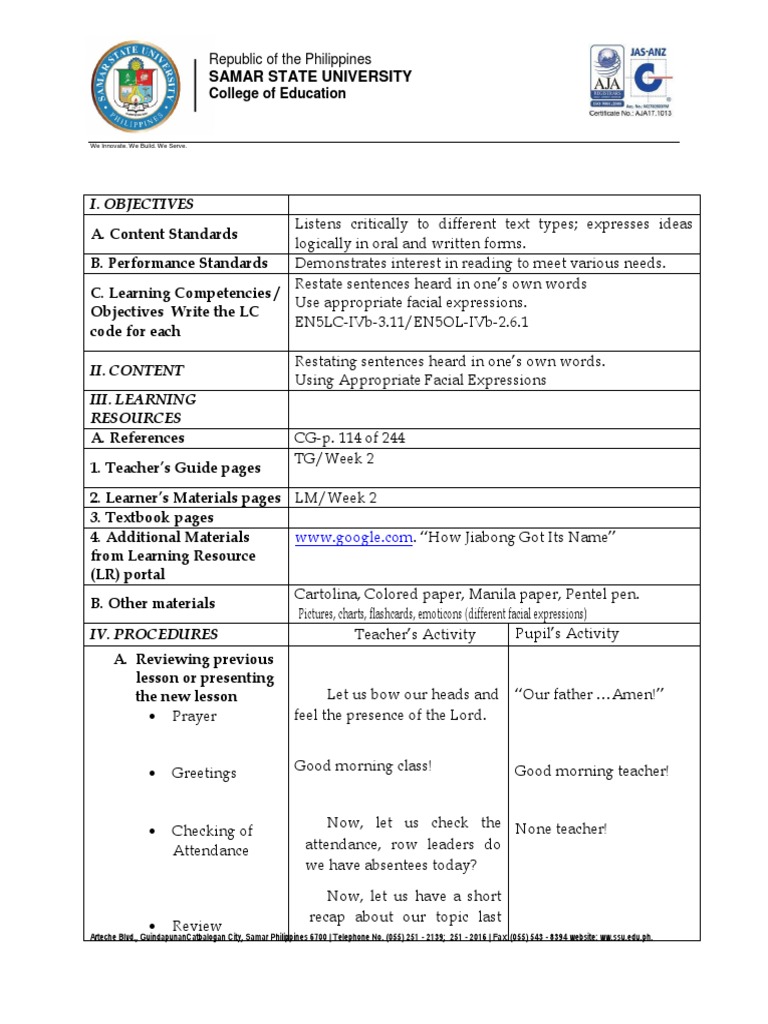 Grade 5 English Lesson Plan | PDF | Behavior Modification | Learning