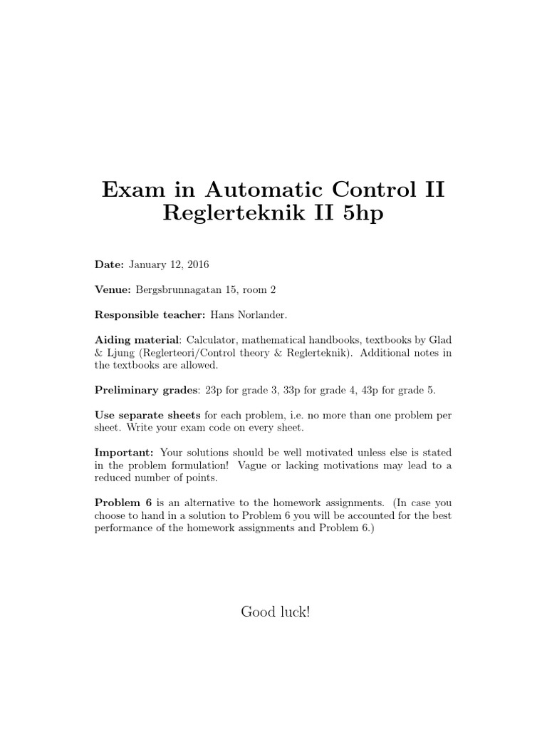 Exam in Automatic Control II Reglerteknik II 5hp: Good Luck! | Download ...