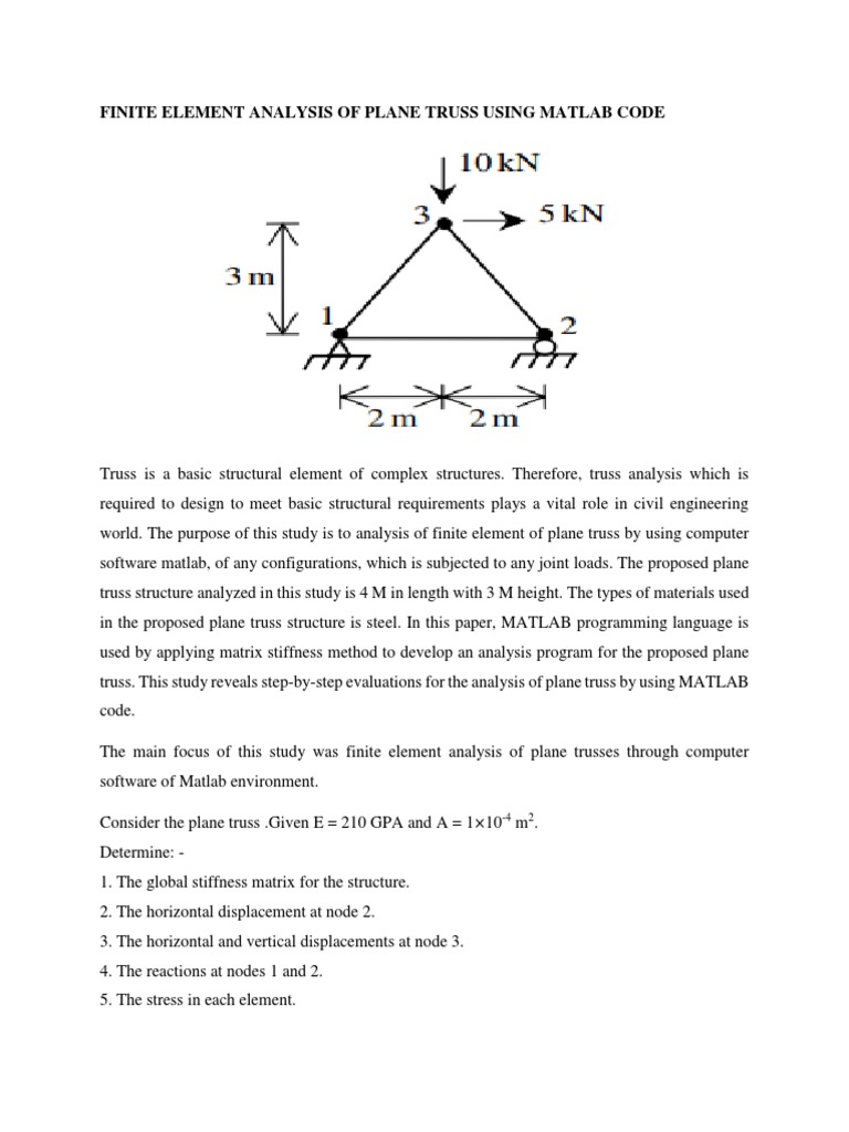 Finite Element Analysis of Plane Truss Using Matlab Code | PDF
