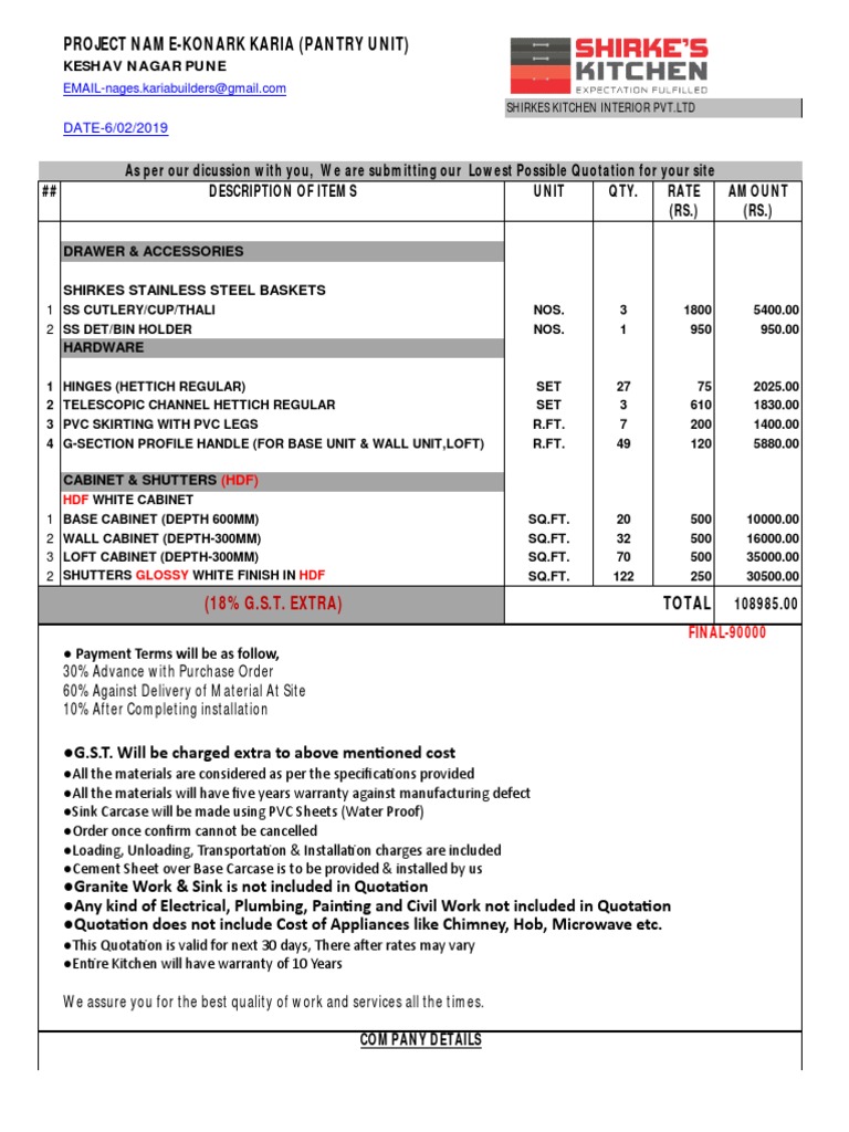 Hettich Pantry Unit Quotation Details | PDF | Kitchen | Domestic Implements