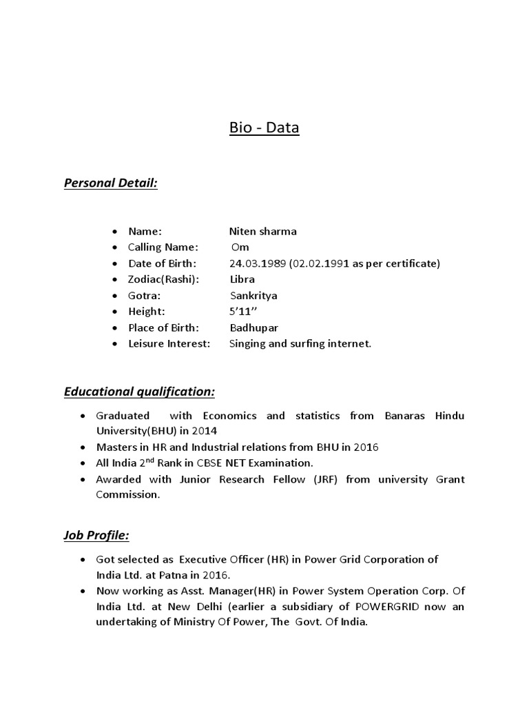 A Concise Bio-Data Detailing Niten Sharma's Personal and Professional ...