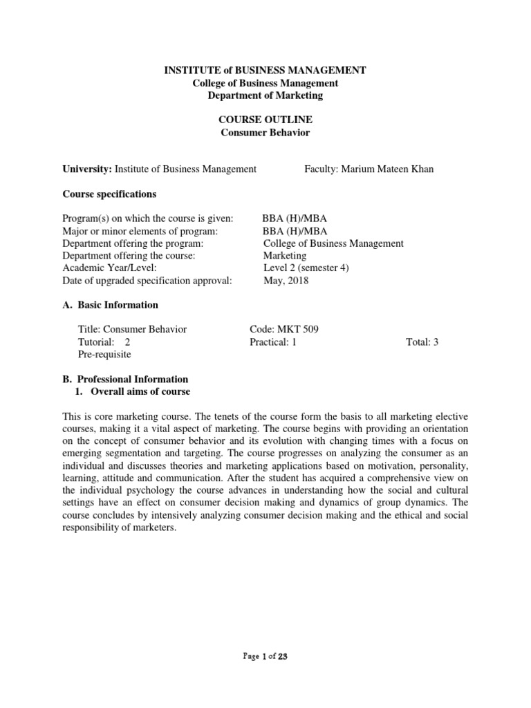 Course Outline Consumer Behavior Updated | PDF | Consumer Behaviour ...
