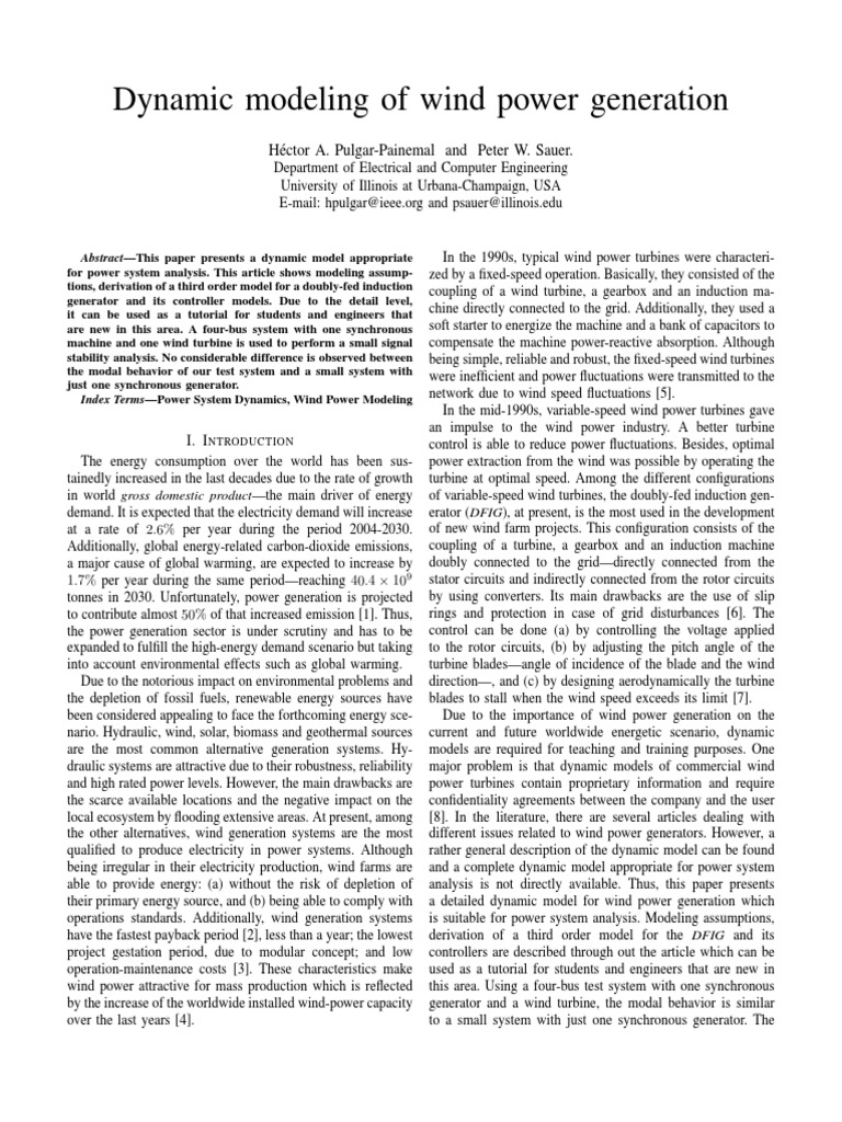 Dynamic Modeling of Wind Power Generation: H Ector A. Pulgar-Painemal and Peter W. Sauer | PDF ...