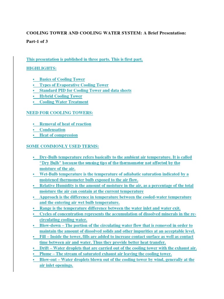Cooling Tower And Cooling Water System A Brief Presentation Part 1 Of