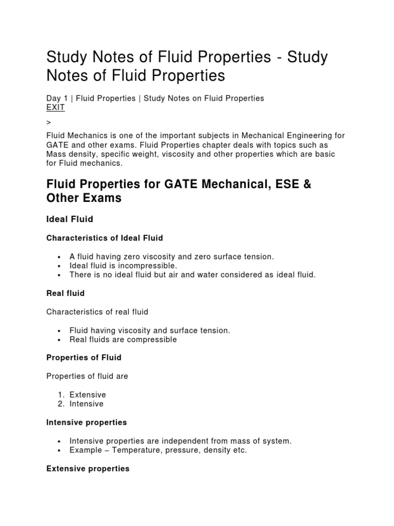 Fluid Properties Study Notes | PDF | Viscosity | Surface Tension