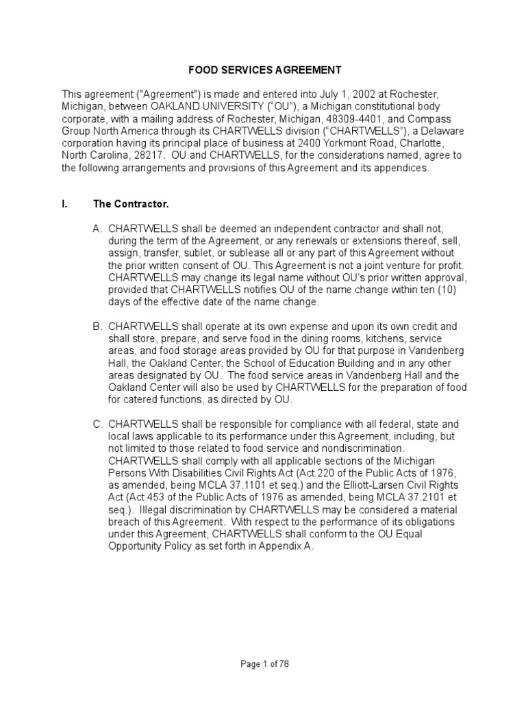 Food Services Agreement | PDF | Indemnity | Invoice