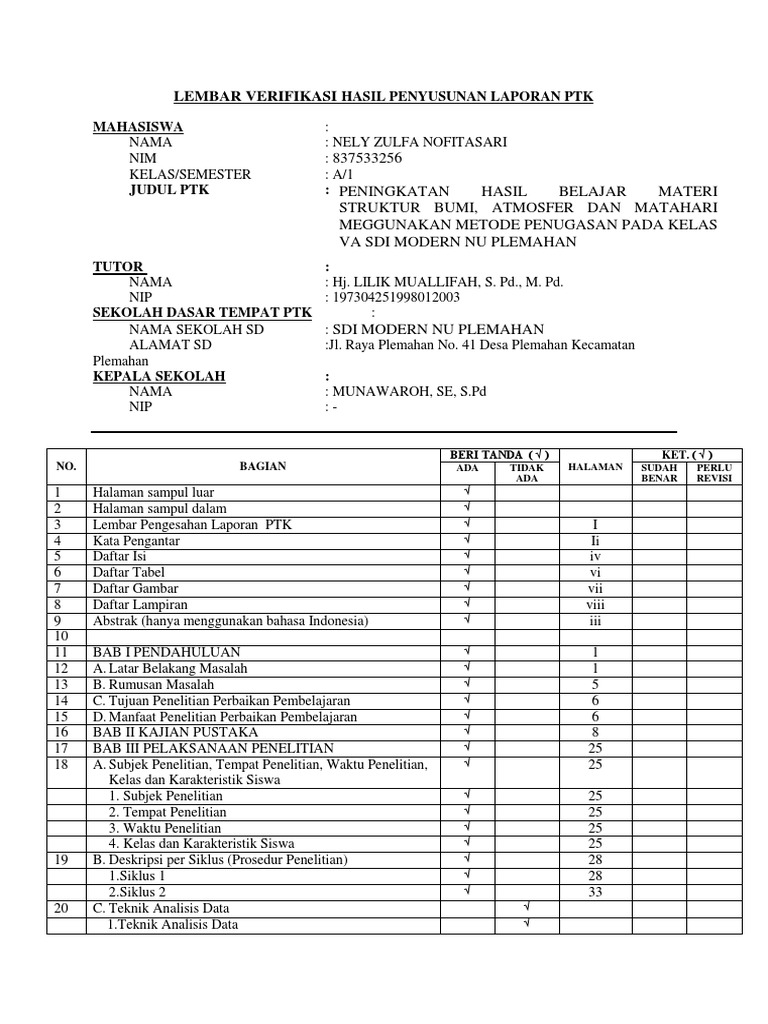 Lembar Verifikasi Susunan Laporan PTK - B Lilik Bu Rosi | PDF