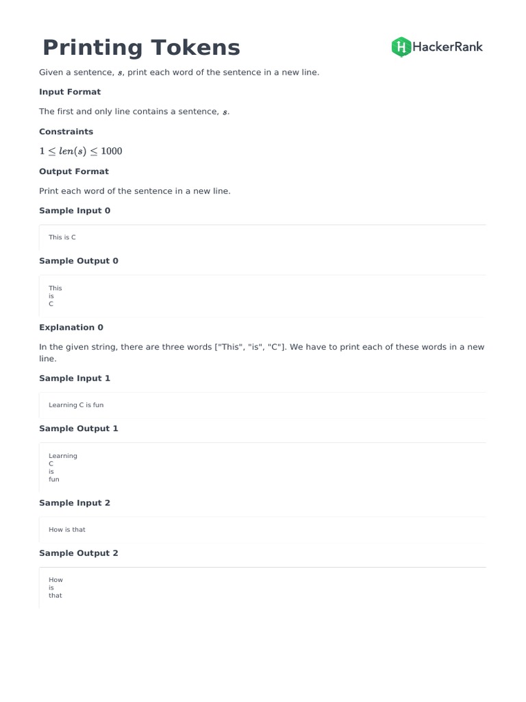 Printing Tokens: Input Format | PDF