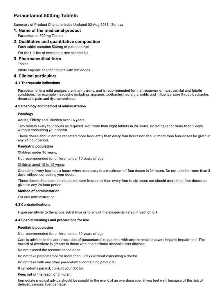 Paracetamol 500mg Tablets - Summary of Product Characteristics (SMPC ...