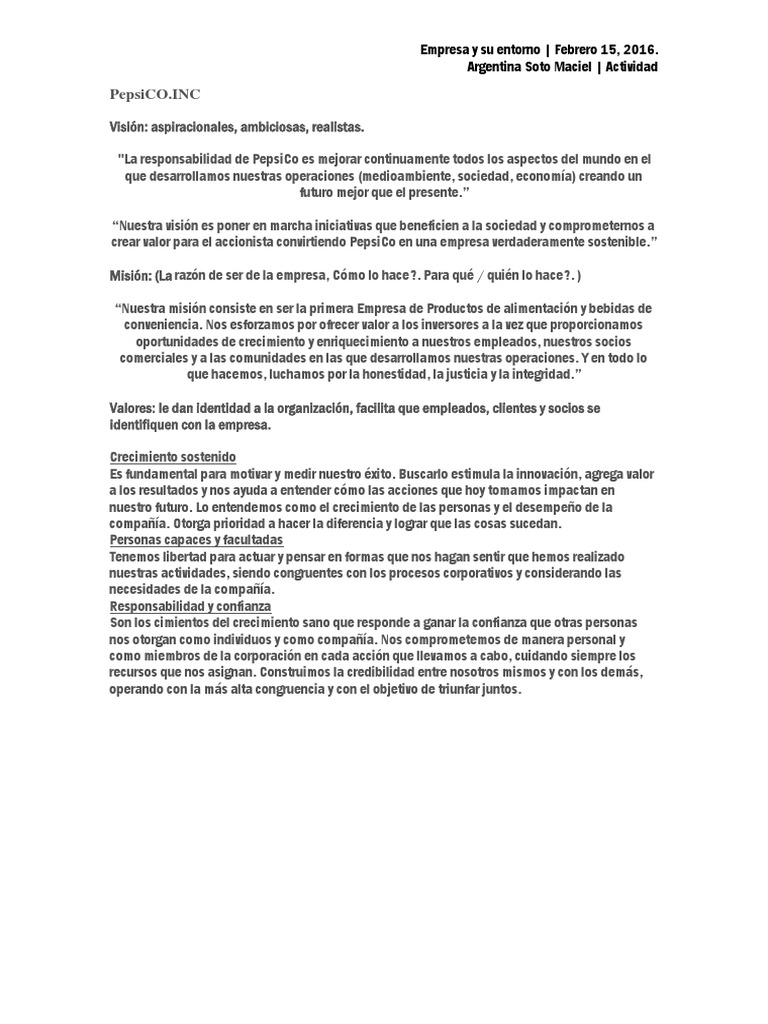 Misión, visión y valores de PepsiCo | PDF | Negocios