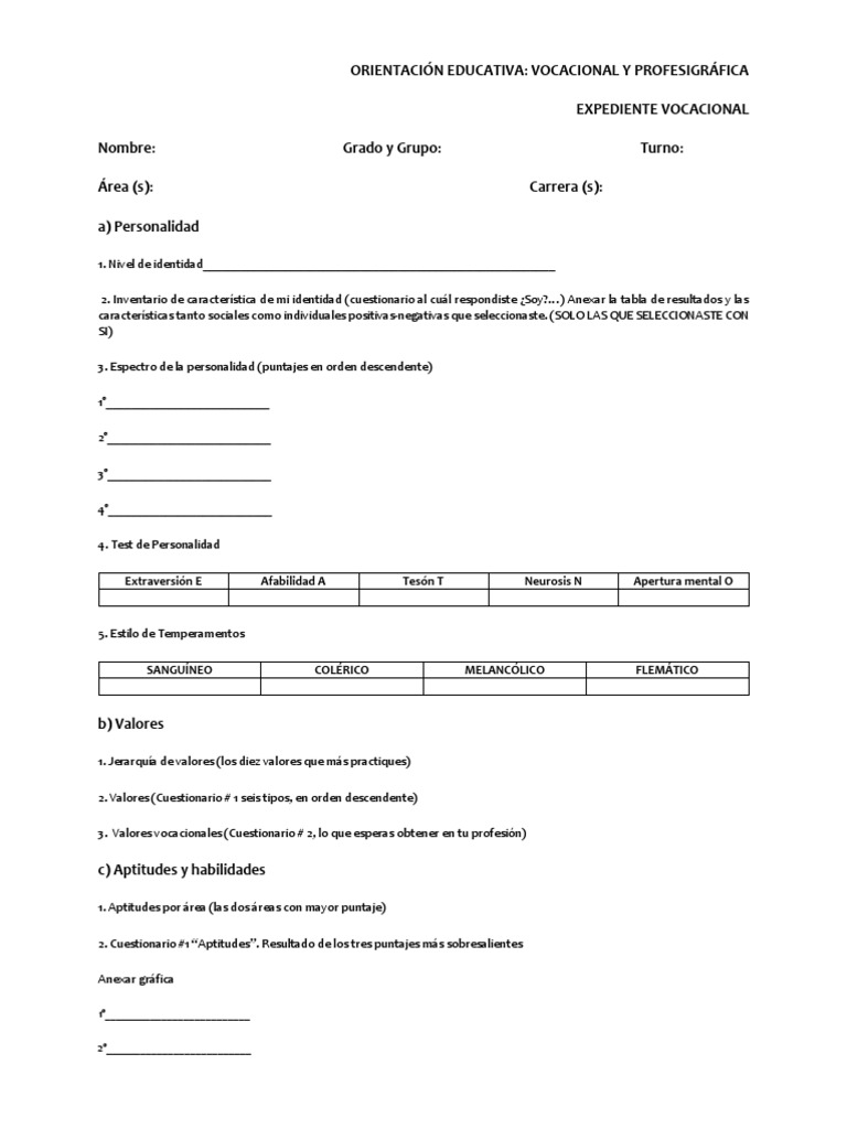 Formato de Perfil Vocacional 2019 | PDF | Cognición | Sicología