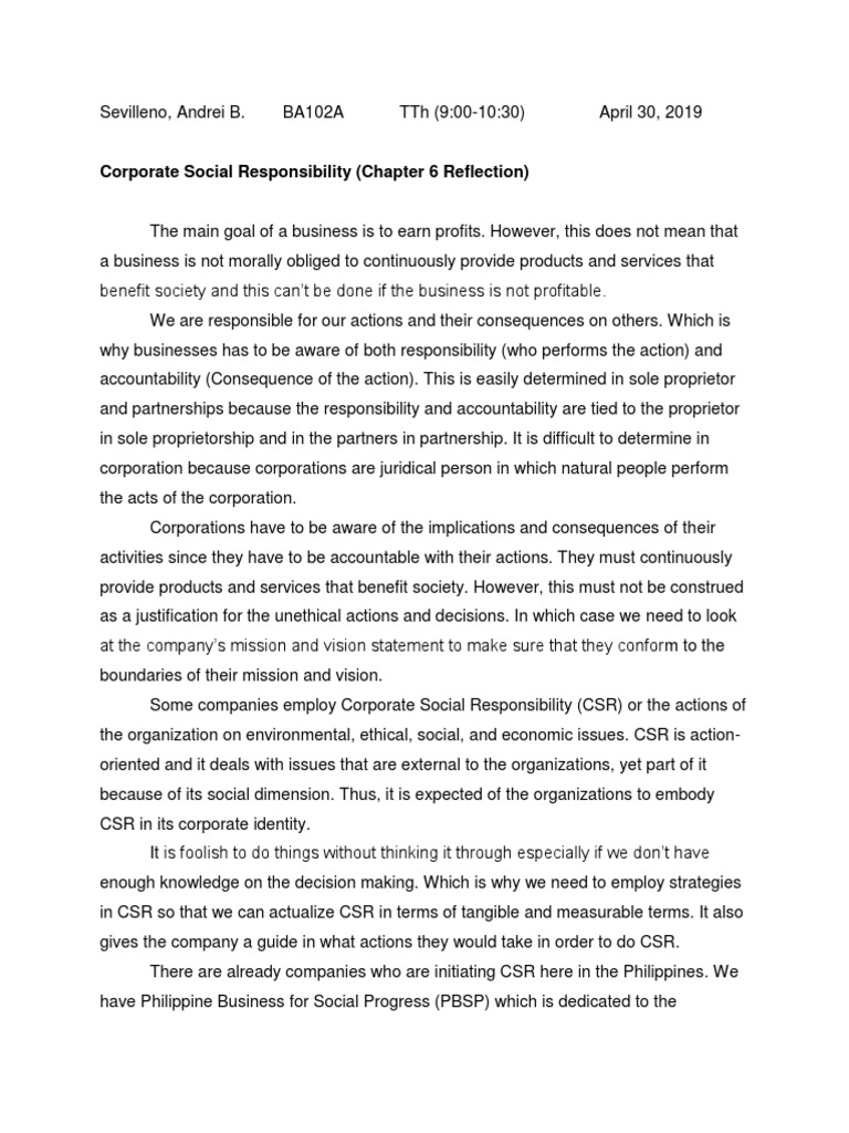 Chapter 6 Reflection | PDF | Corporate Social Responsibility | Business ...