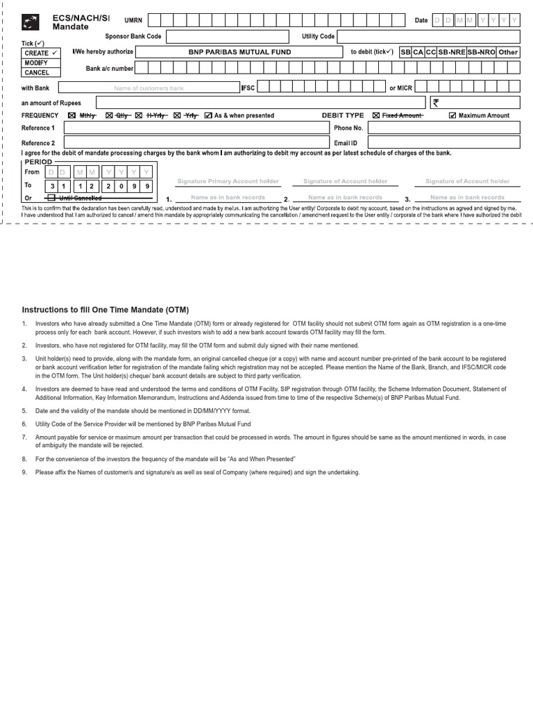Ecs Nach Si Mandate Form | PDF | Debit Card | Mutual Funds