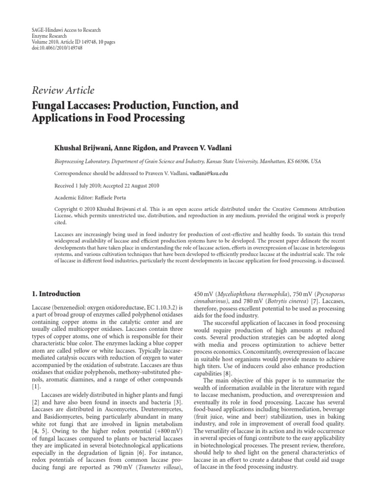 Review Article: Fungal Laccases: Production, Function, and Applications in Food Processing | PDF ...