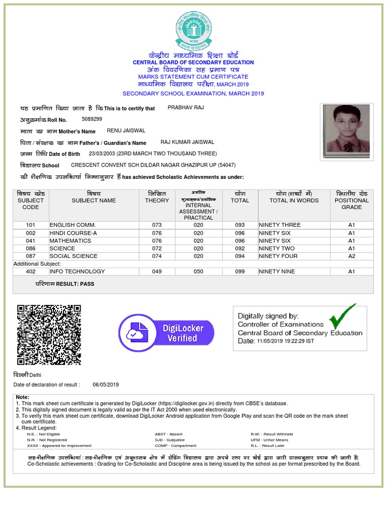 CBSE Marks Statement Certificate 2019 | PDF | Secondary Education