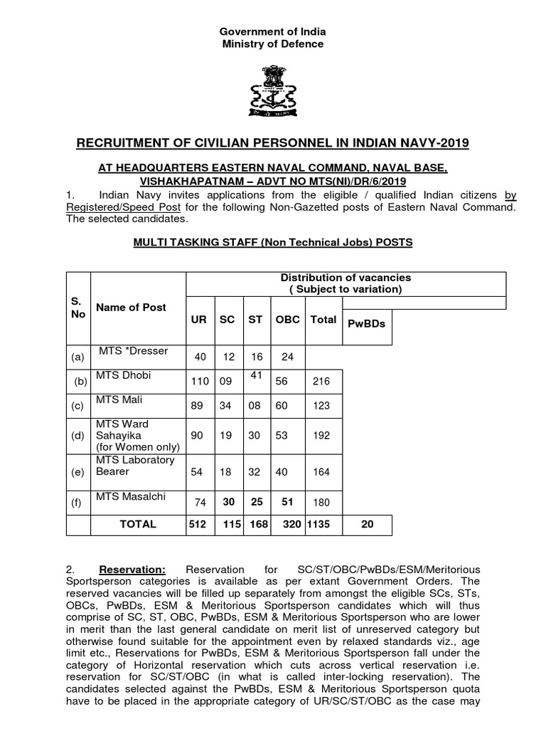 Indian Navy MTS 1135 Post Notification 2018 Compressed | PDF | Numbers ...