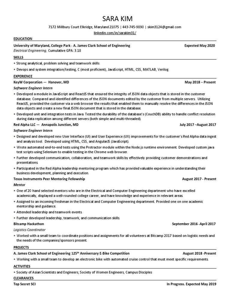 Sara Kim Resume 2018 | PDF | Java Script | Json