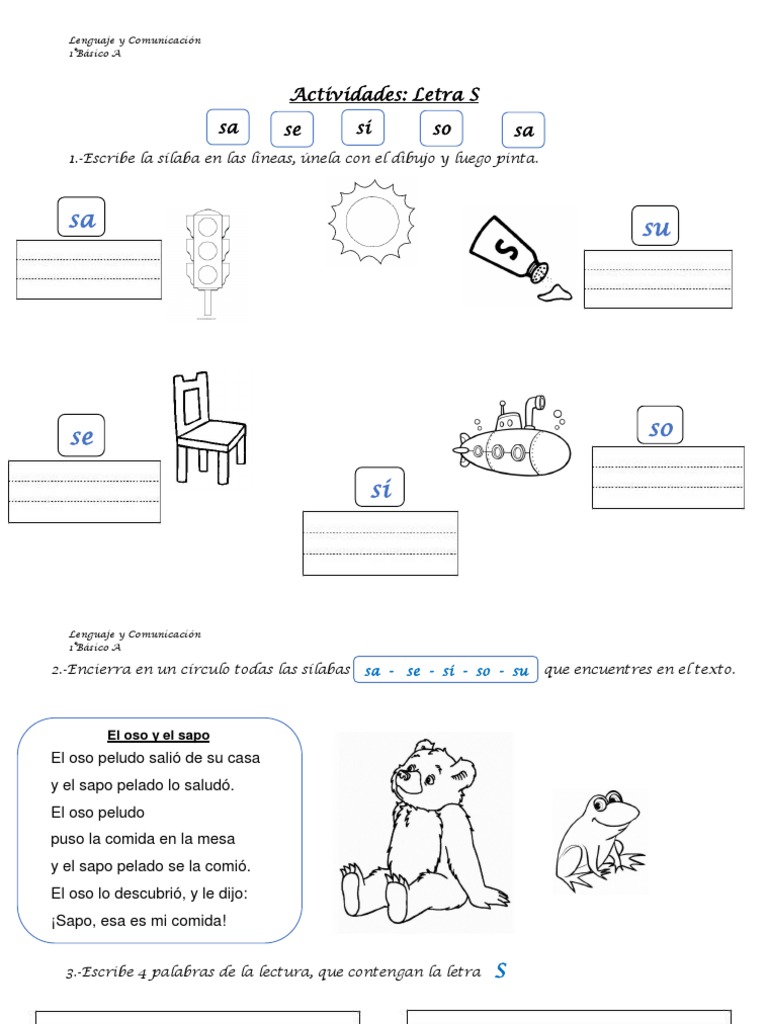 Guía de Actividades Letra S | PDF