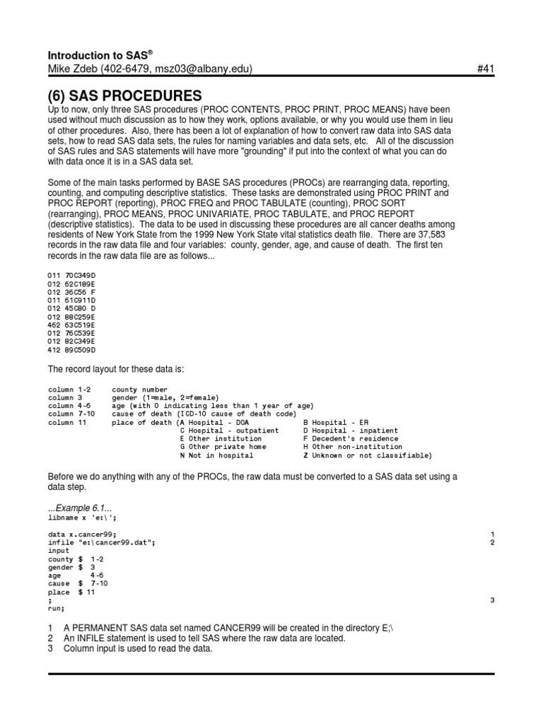 Sas Procedures: Mike Zdeb (402-6479, Msz03@albany - Edu) #41 | PDF | Sas (Software) | Mean