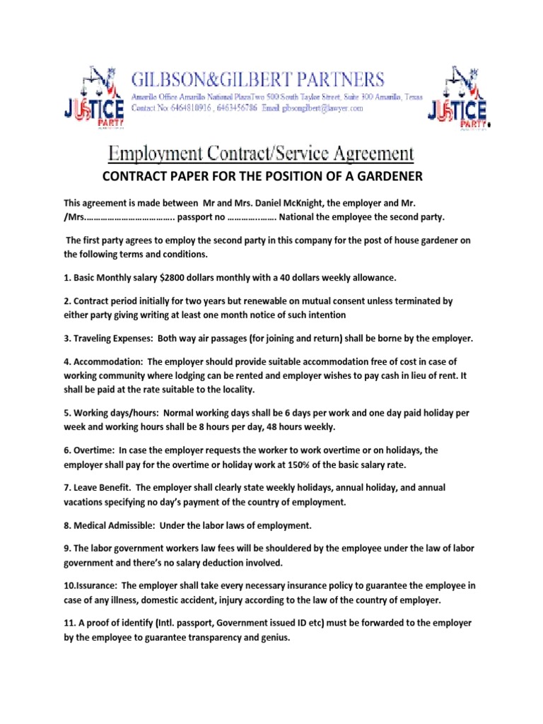Contract Paper For The Position of A Gardener | PDF | Overtime | Employment
