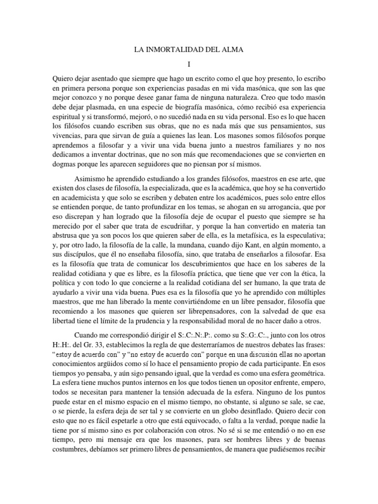 La Inmortalidad Del Alma Vista Por Un Masonpdf | Alma | Platón
