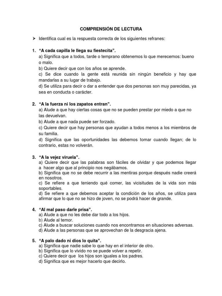 Ejercicios de Refranes y Respuestas | PDF