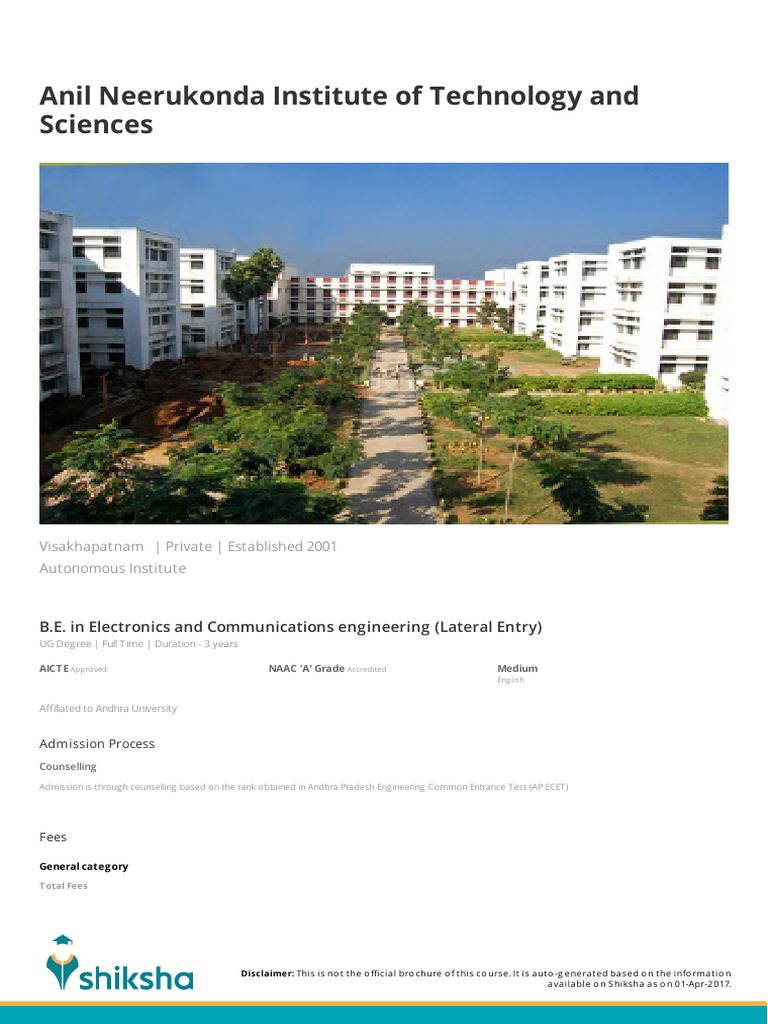ANITS Visakhapatnam Fee Structure | PDF | Academia | Science And Technology