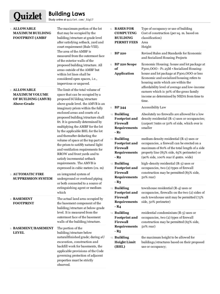Building Laws Study Guide | PDF | Building | Architectural Elements