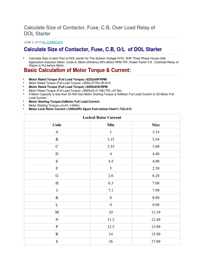 Calculate Size of Contactor, Fuse, C.B, O/L of DOL Starter | Download ...