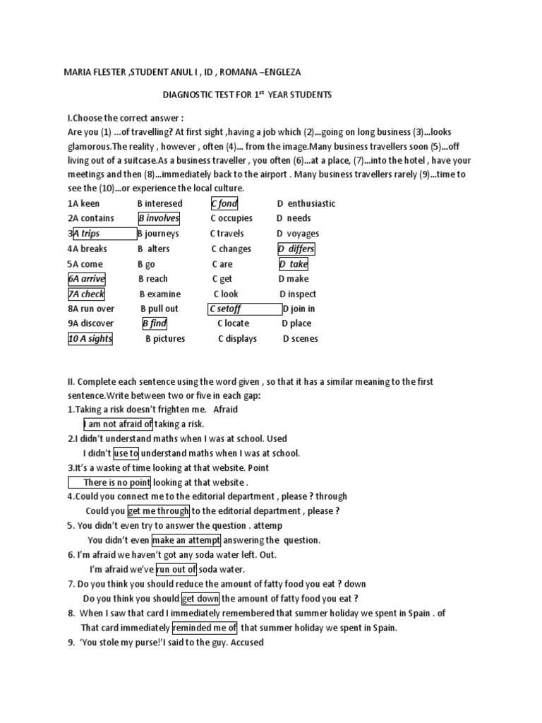 Diagnostic Test For 1st Year Students | PDF | Newspapers | News