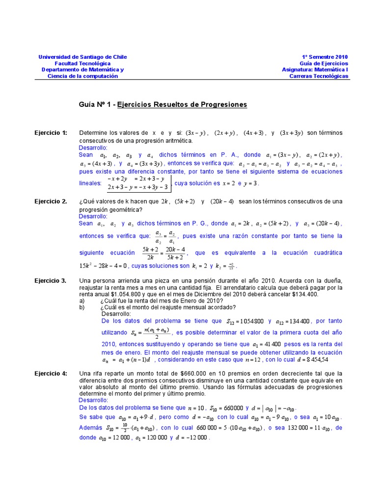 Guía de Progresiones Matemáticas | PDF | Ecuaciones | Aritmética