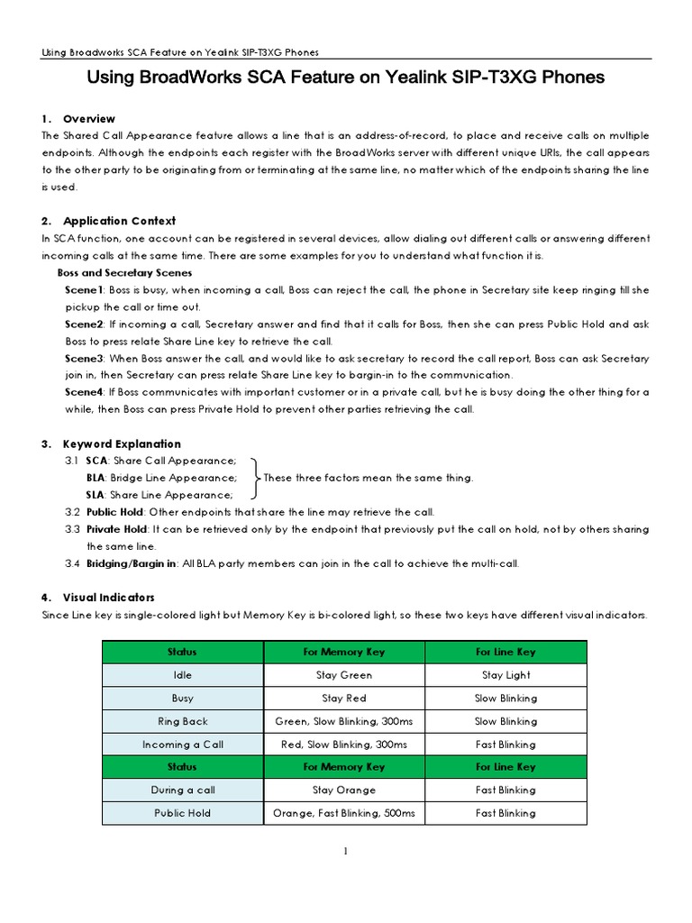 Using Broadworks Sca Feature On Yealink Sip-T3Xg Phones: 1. Overview ...
