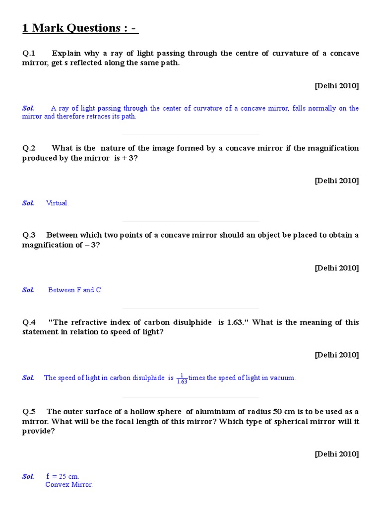 Class 10 Light Reflection & Refraction PYQs | PDF | Lens (Optics ...