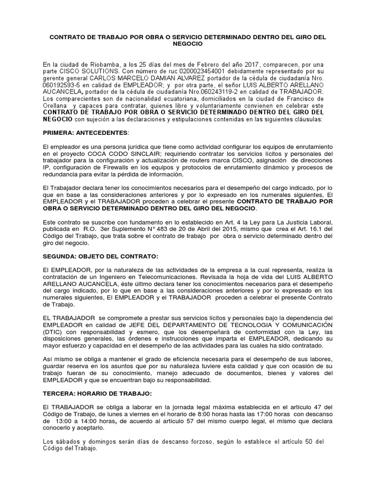 Contrato de Trabajo Por Obra o Servicio Determinado Dentro Del Giro Del Negocio | PDF | Salario ...