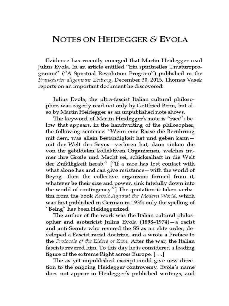 18 Notes On Heidegger and Evola PDF | PDF | Martin Heidegger | Metaphysics