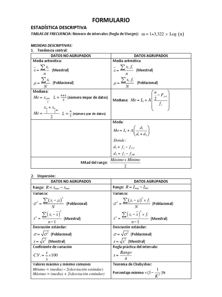 Formulario Estadistica y Probabilidades-Modificado PDF | PDF | Media | Cuantil