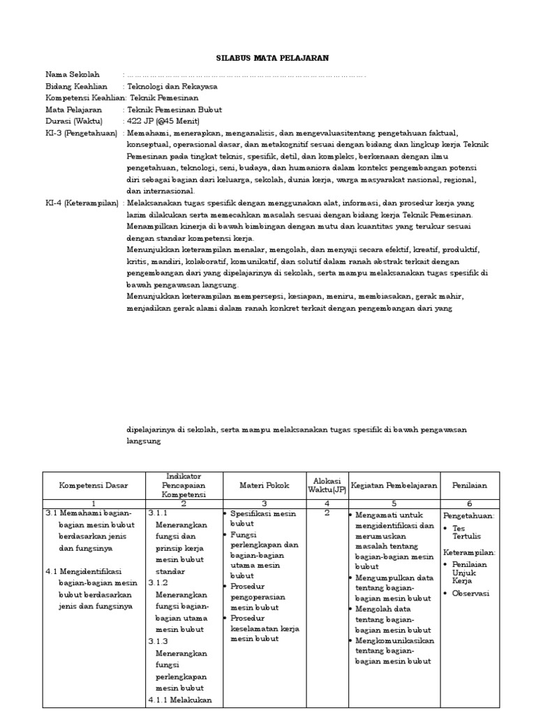 C3 Silabus Teknik Pemesinan Bubut Rev Yogya Sahid Rich | PDF