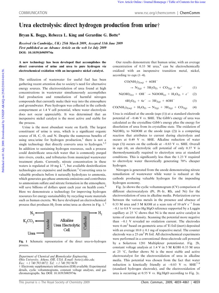 Urea Electrolysis - Direct Hydrogen Production From Urine PDF | PDF ...