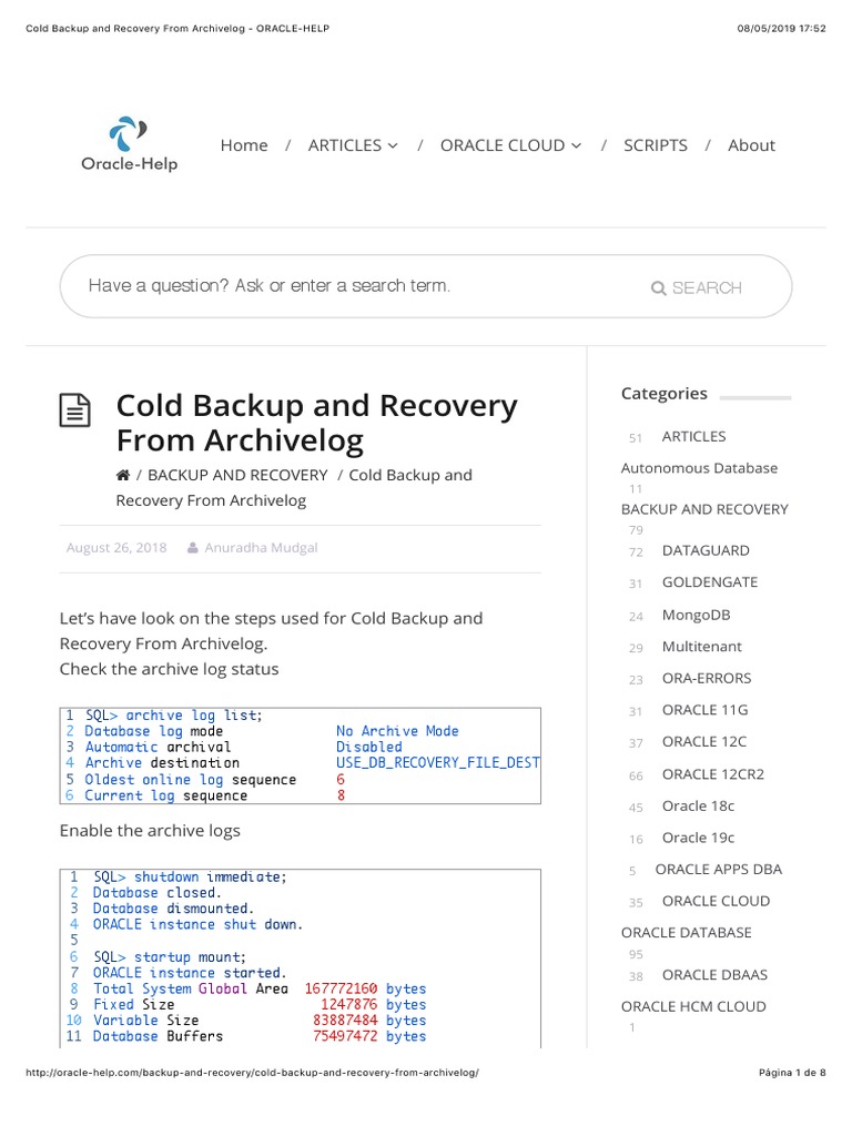 Cold Backup and Recovery From Archivelog - OrACLE-HELP | PDF | Oracle ...