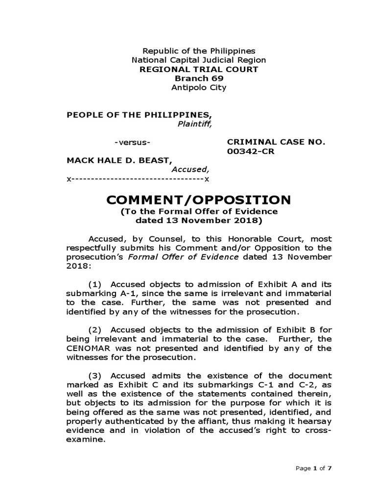 Comment and Opposition to the Formal Offer | Hearsay | Affidavit