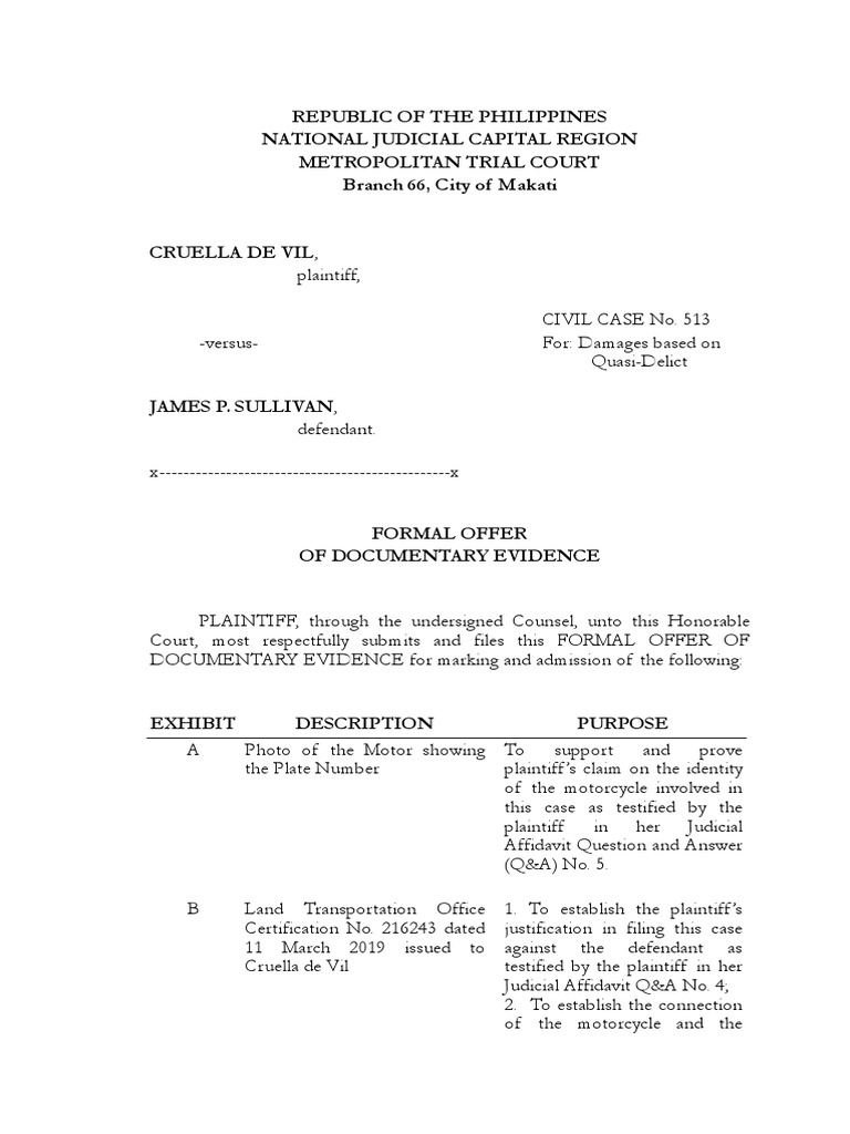 Sample Formal Offer of Evidence | PDF | Common Law | Government