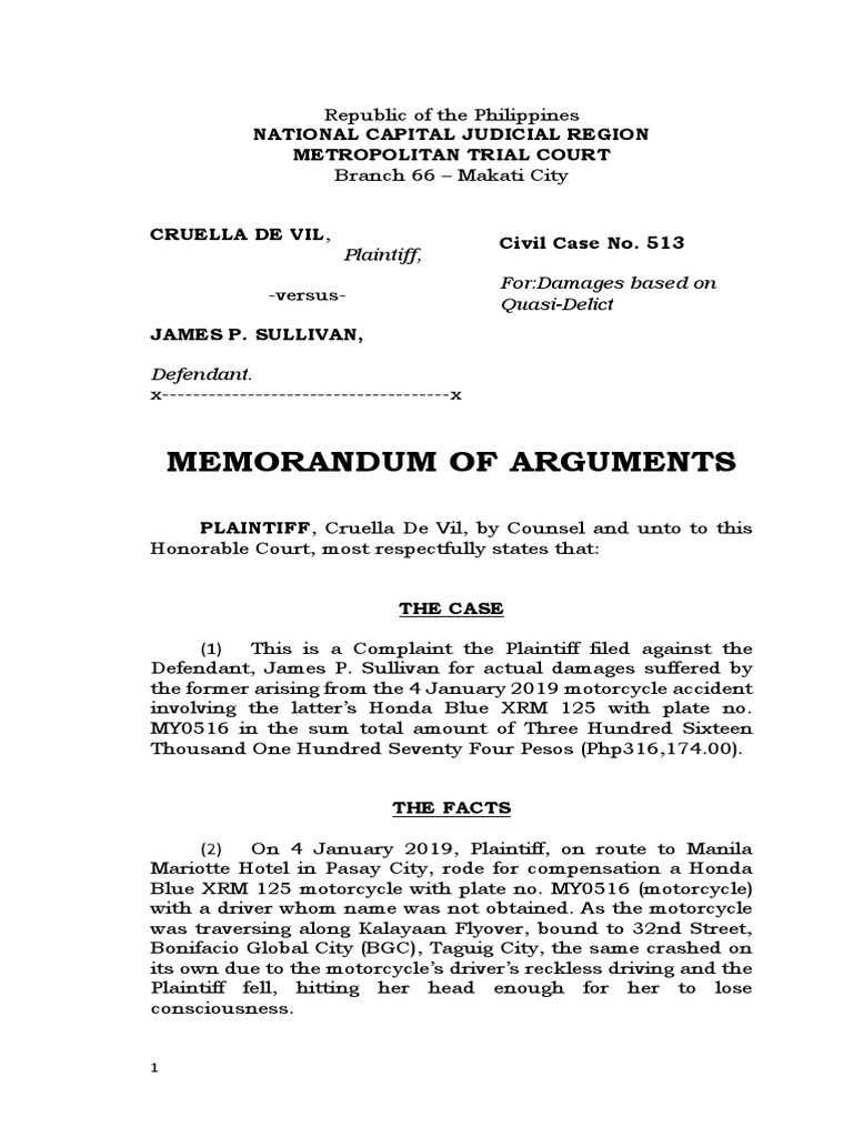 Memorandum of Argument | PDF | Witness | Damages