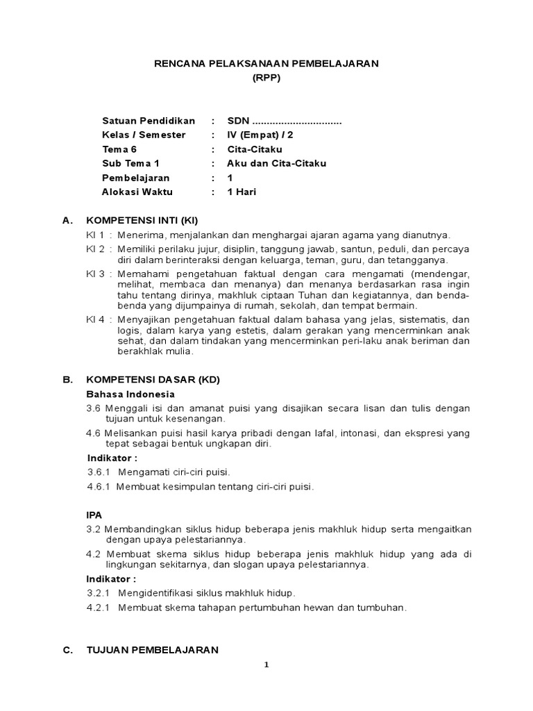 RPP Kelas 4 Tema 6 Sub Tema 1 | PDF | Sains & Matematika