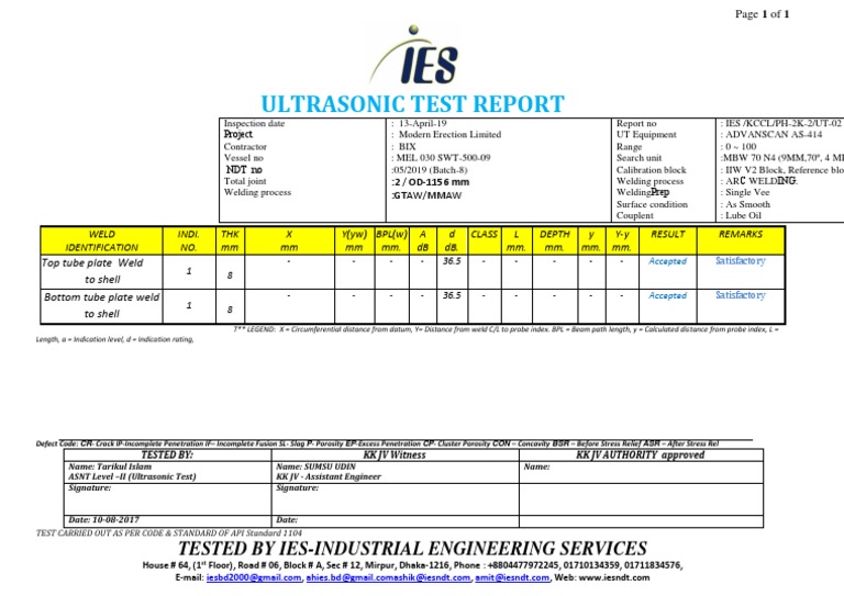 Ultrasonic Test Report: Tested by Ies-Industrial Engineering Services ...