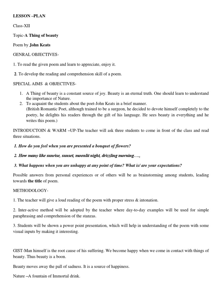 A Thing of Beauty Lesson Plan | PDF | Reading Comprehension | Lesson Plan