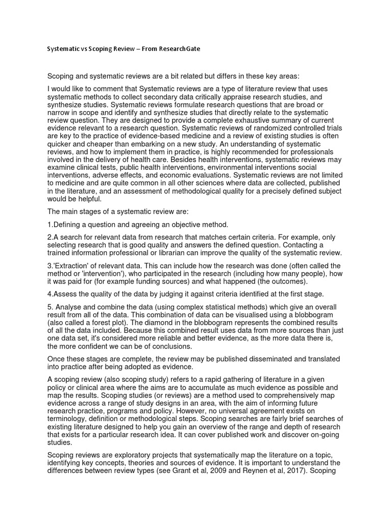 Systematic Vs Scoping Review | PDF | Systematic Review | Evidence Based ...